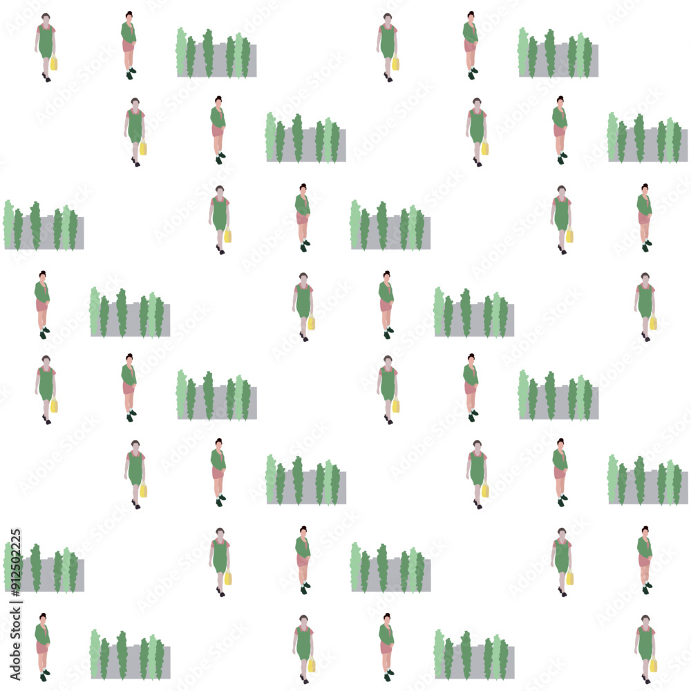 Pattern with people. A girl is walking down the street. Vector flat ...