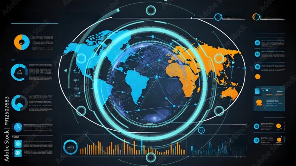 Digital globe with interactive world map and data visualization in a ...