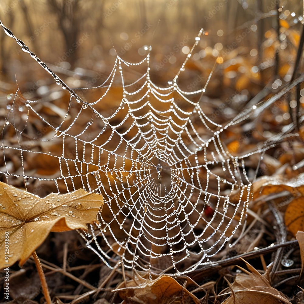 Spider web on a tree in the forest landscape dry leaf yellow color ...