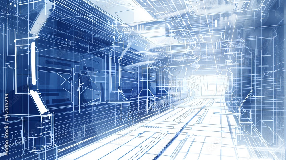 Futuristic technology corridor with abstract blue lines and light ...