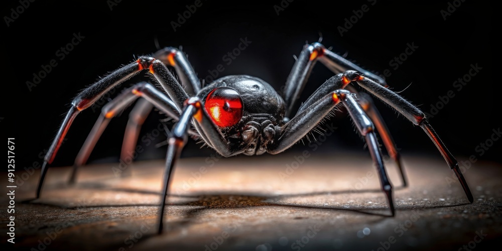 Scary black widow spider crawling on a dark background with glowing red ...