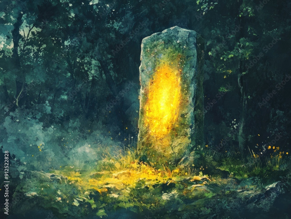 Glowing ancient runestone imbued with mystical energy in an enchanted ...