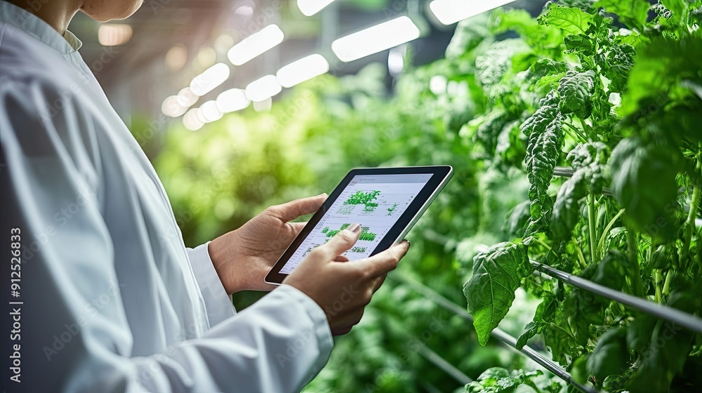 Bioengineer using a tablet to monitor crops in a high-tech vertical ...