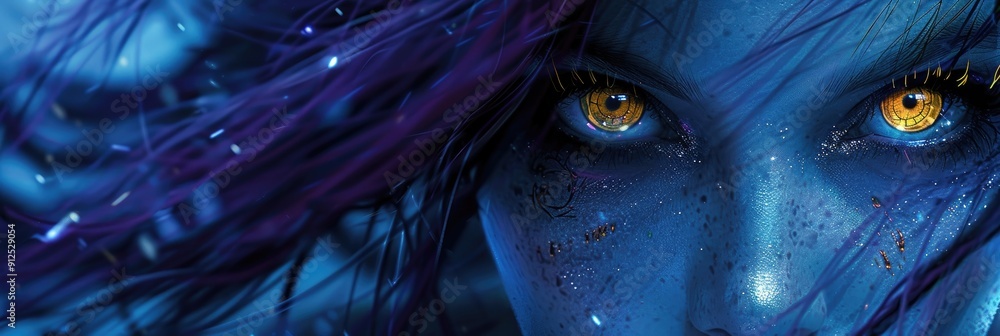 Female vampire with deep blue skin purple hair and bright yellow eyes ...