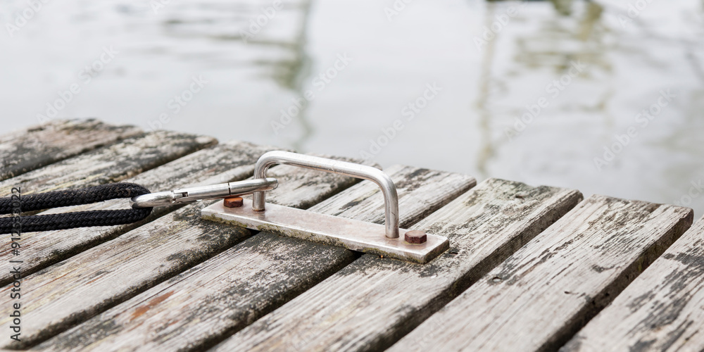 Mooring stainless steel ring for boats in the wooden pier with carbine ...