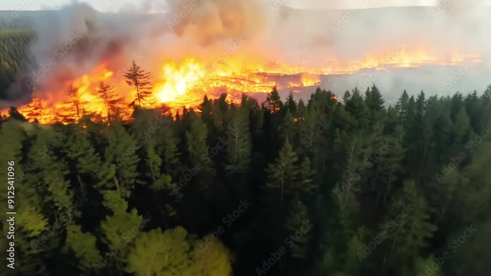 Forest Fire Inferno: Aerial view of a raging wildfire engulfing a dense forest, billowing smoke ...