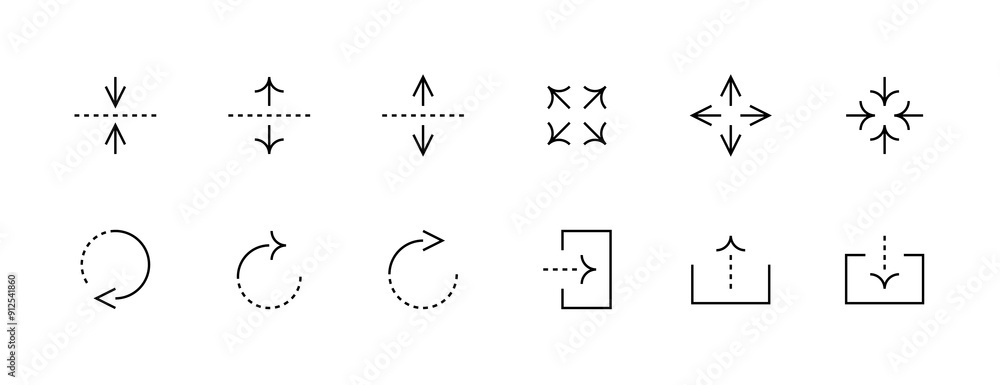 Arrow icon set. Interface arrows, direction, navigation, right curved, circular arrow, collapse ...