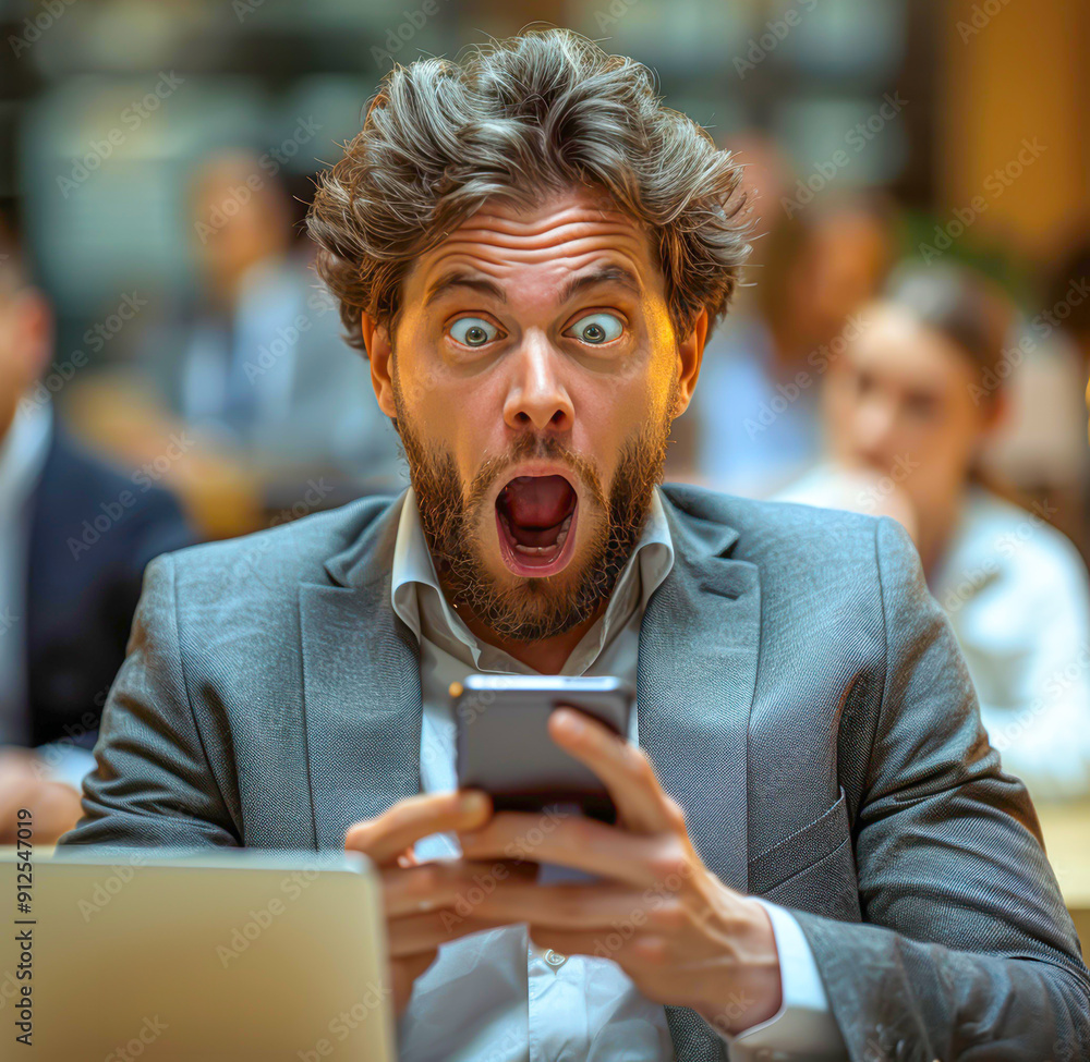 A startled man in a suit viewing his phone, possibly reacting to ...