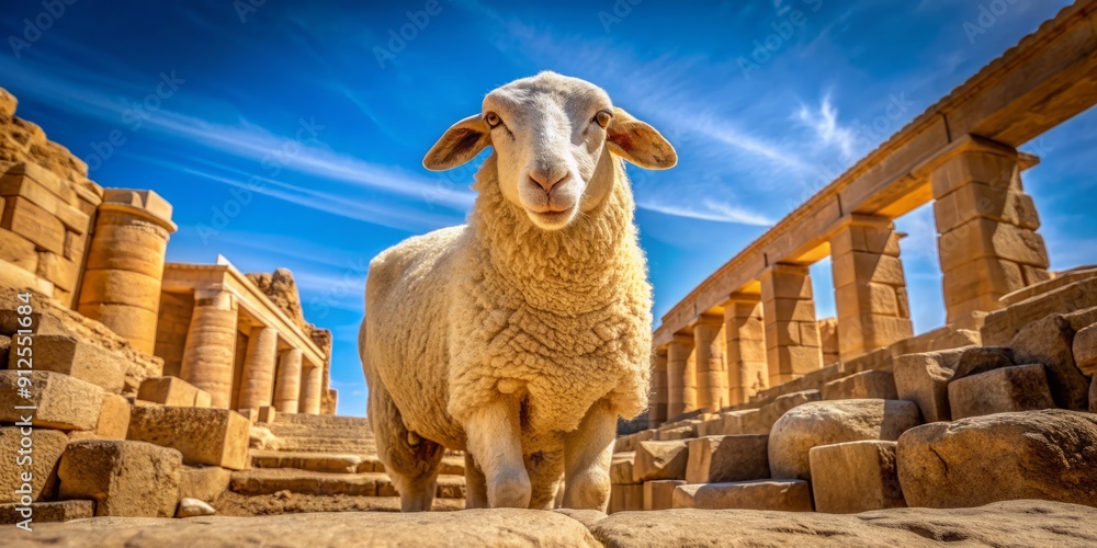 Adorable sheep stands proudly on ancient Egyptian temple ruins, posing ...