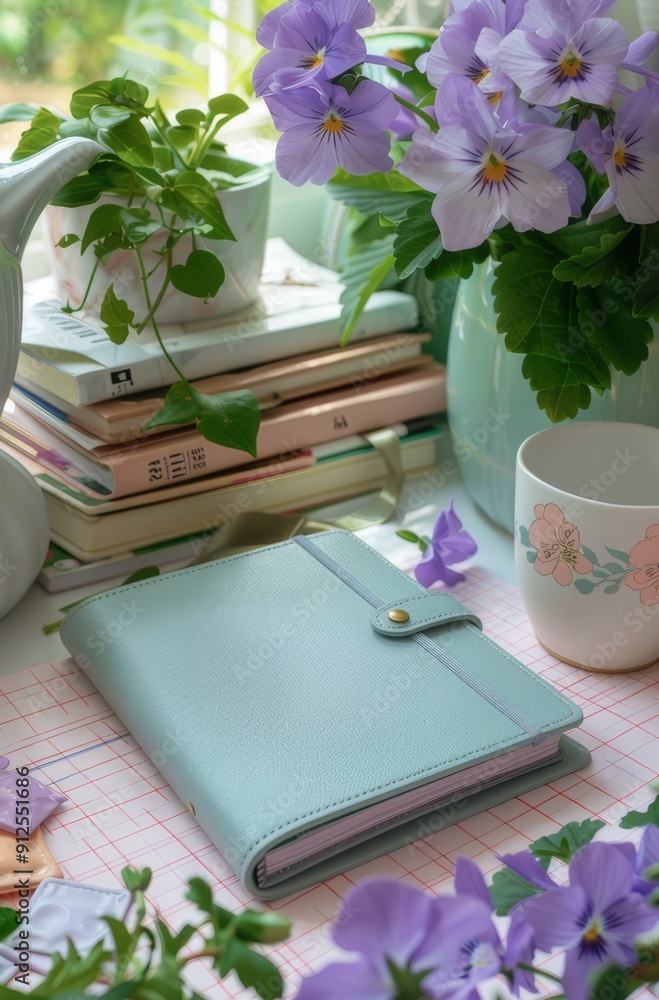Organized workspace featuring a pastel planner, books, flowers and an ...