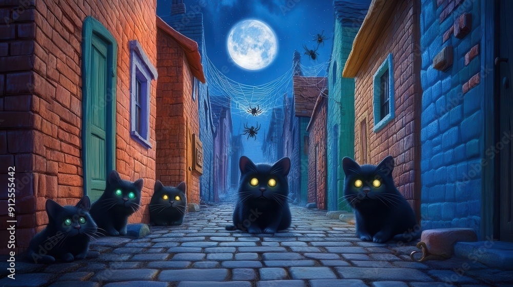 Mysterious Cat Alley A 3D wallpaper featuring a narrow alley with black ...