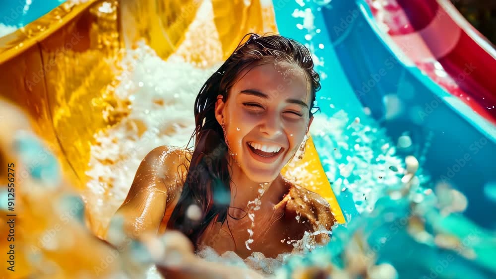 A joyful young woman sliding down a colorful water slide at a water ...