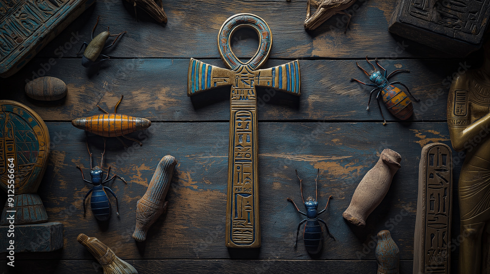 The Ankh surrounded by ancient Egyptian relics like scarabs and statues ...