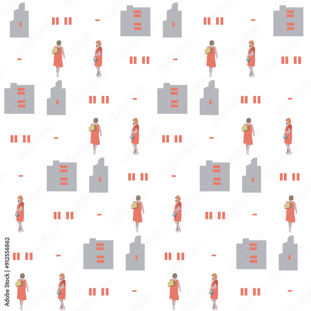 Pattern with people. A girl is walking down the street. Vector flat ...