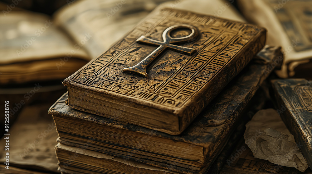 The Ankh symbol resting on a stack of ancient Egyptian texts and ...