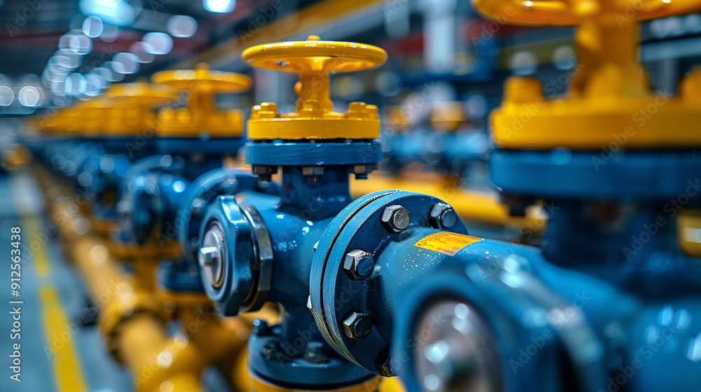Blue industrial valves and yellow and blue piping, centered around a ...