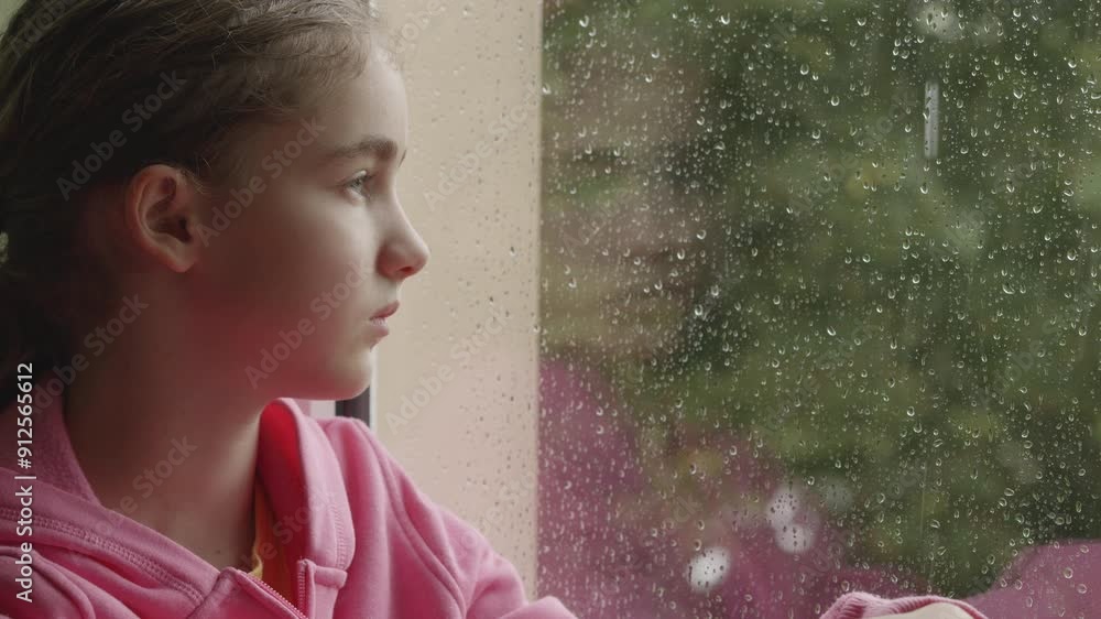 Alone Sad Little Girl Depressed by Bad Weather Watching Rain Through ...