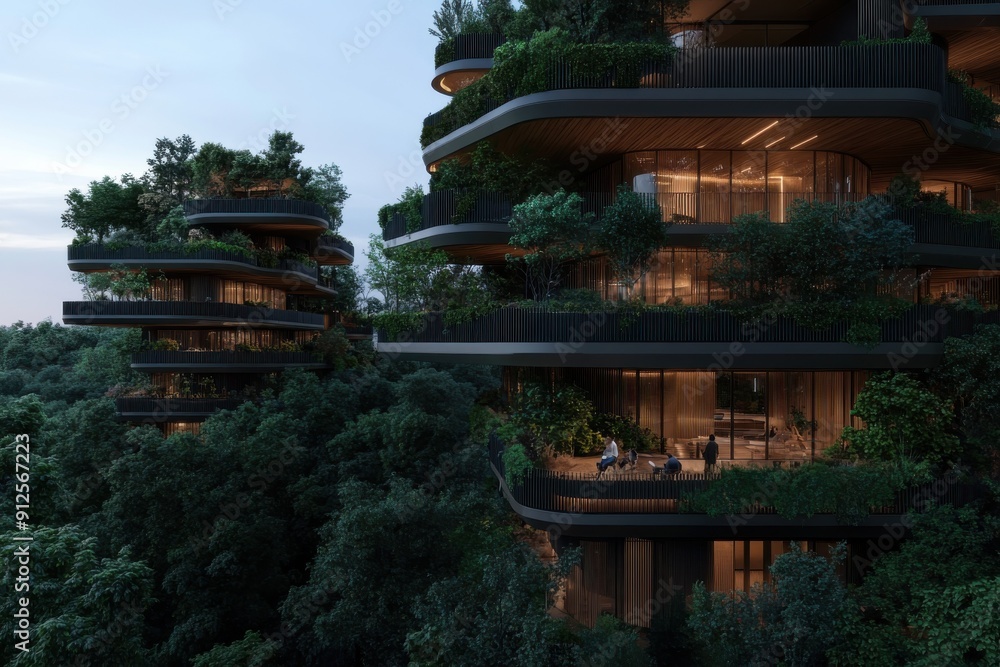 Innovative urban residential towers feature extensive balconies filled ...