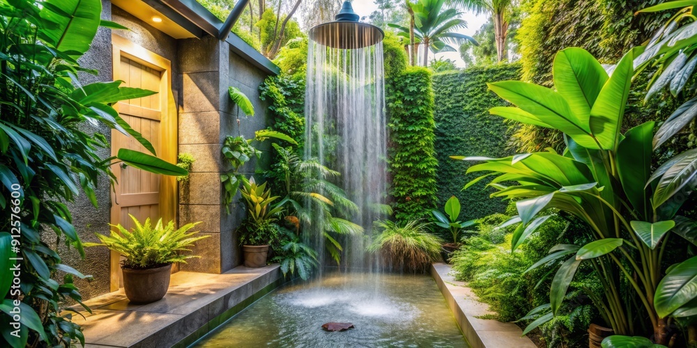 Luxurious outdoor shower surrounded by lush greenery, with water ...