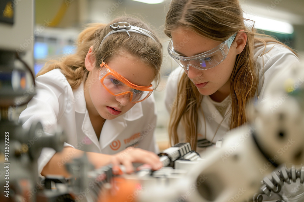 Two teenage girls assembling a robot at school, robotics classes in ...