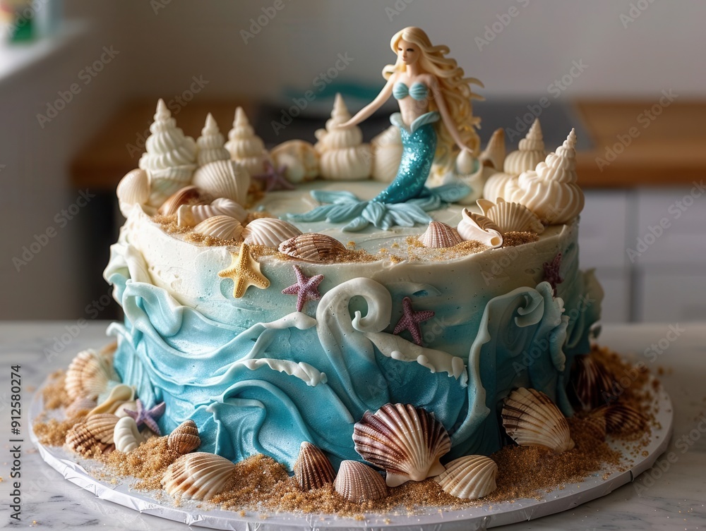 A realistic ocean-themed cake with edible waves, sea shells, and a ...