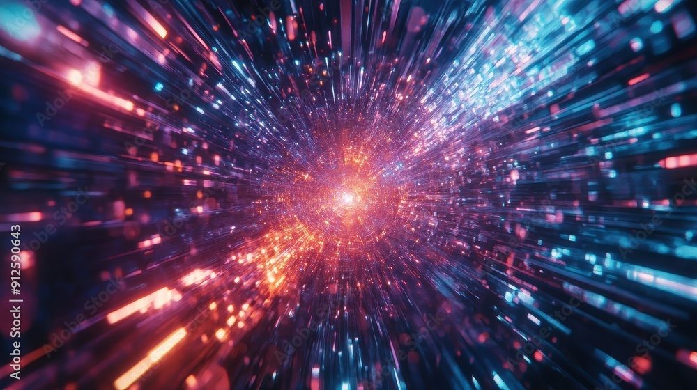 Dynamic space-time warp with glowing particles, illustrating concept of ...