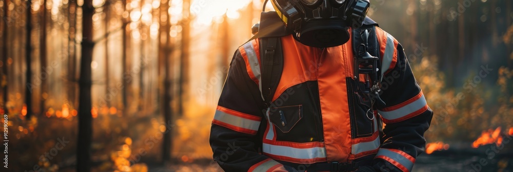 Firefighter donning forestry uniform jacket at station in preparation ...