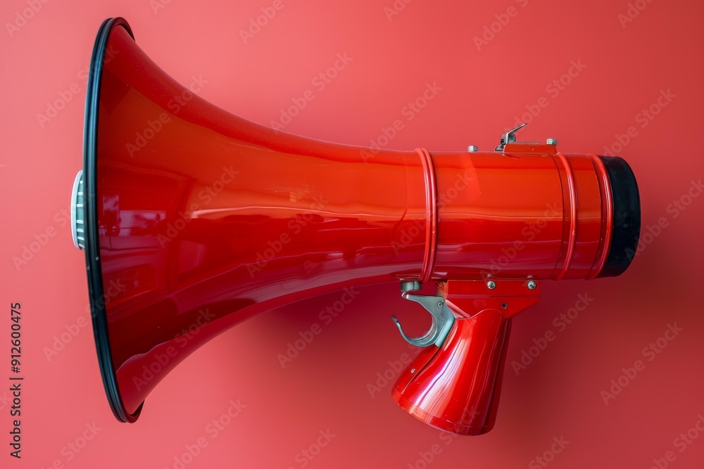 Red megaphone shaped like a gun lying on a red background representing ...