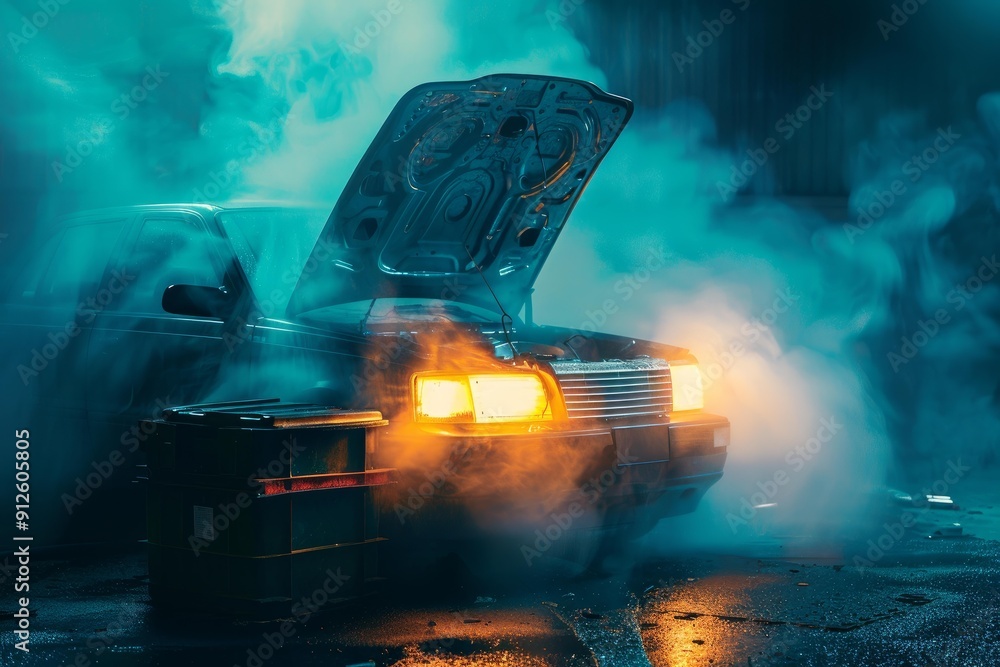 Old car is stopped on the side of the road at night, its hood open and ...