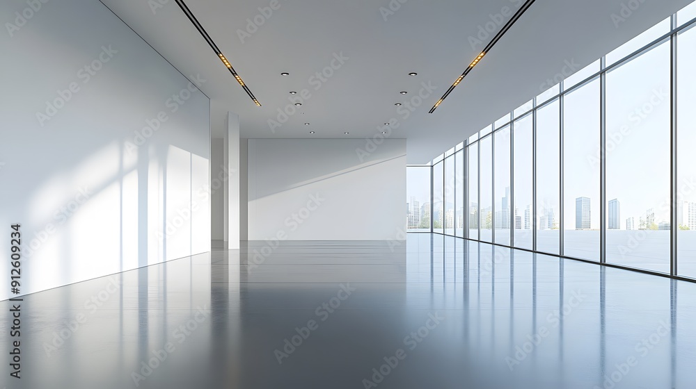 Minimalist empty room, stark white walls, glossy reflective floor, recessed LED ceiling lights ...