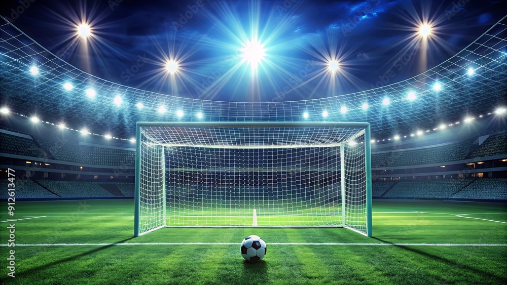 Soccer field illuminated by night lights with goal and ball in stadium ...