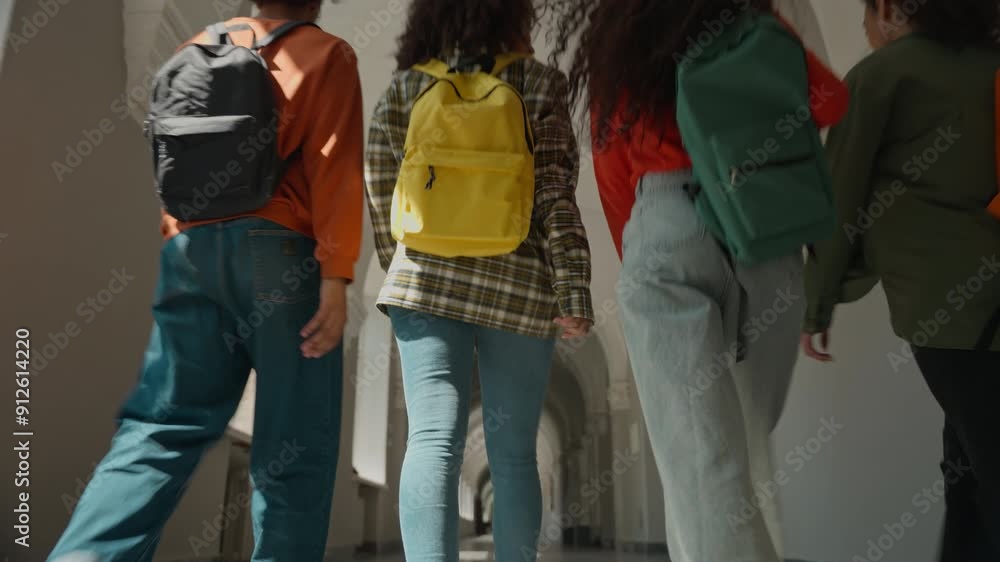 Back view behind group multiracial students four diversity friends ...