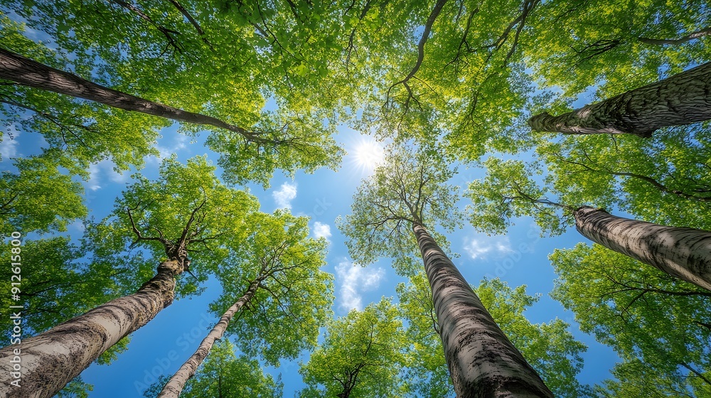 Towering forest canopy, upward view, vibrant green treetops, clear ...