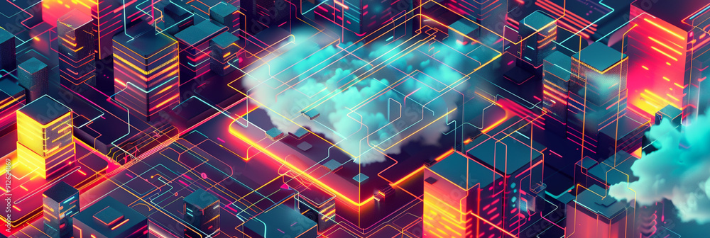 Digital Illustration Of Cloud Computing Infrastructure With Interconnected Data Centers Network