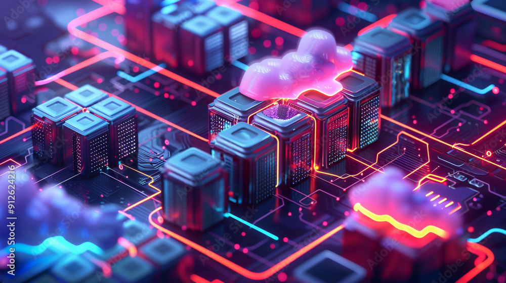 Digital Illustration Of Cloud Computing Infrastructure With Interconnected Data Centers Network