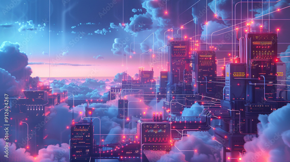 Digital Illustration Of Cloud Computing Infrastructure With Interconnected Data Centers Network