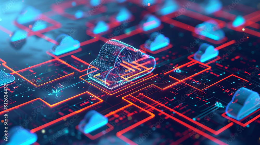 Digital Illustration Of Cloud Computing Infrastructure With Interconnected Data Centers Network