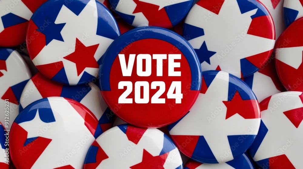 Blue and red button with stars, with the words vote 2024, concept of ...