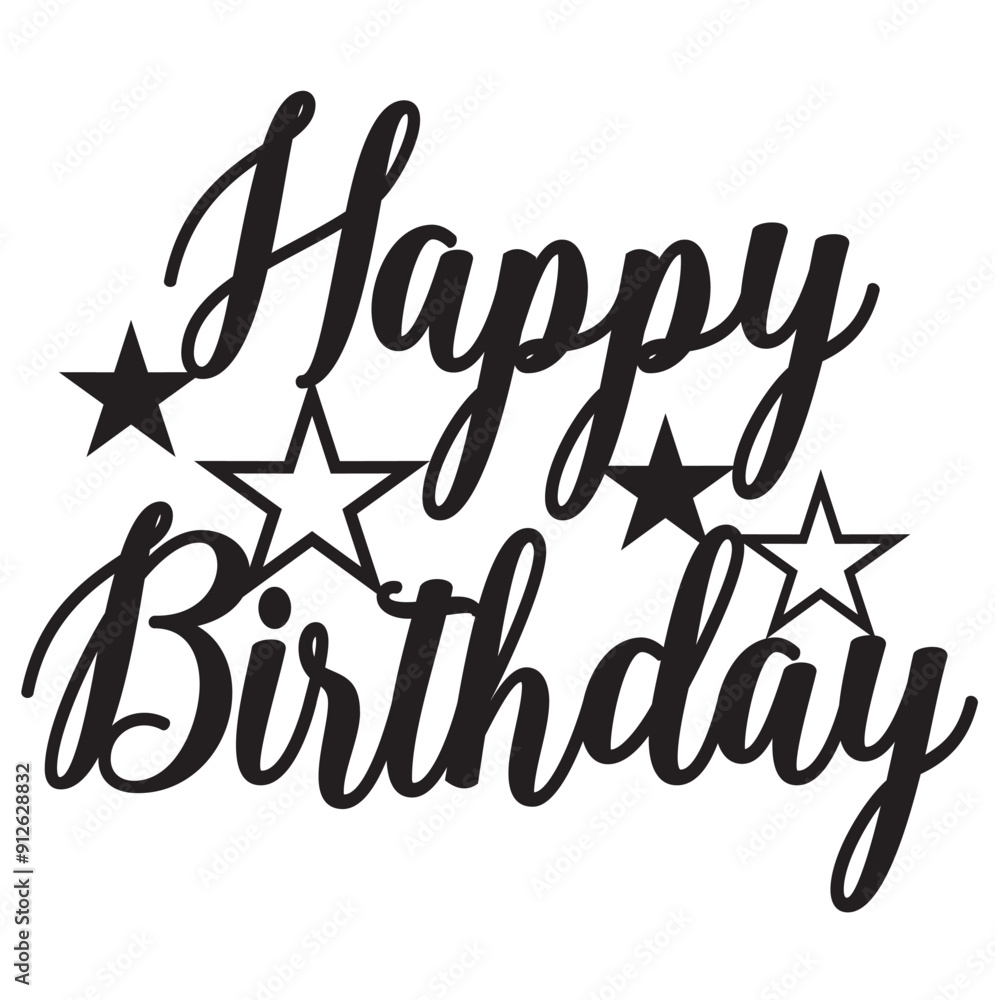Happy birthday star stars sign deign vector laser cut cake topper text ...