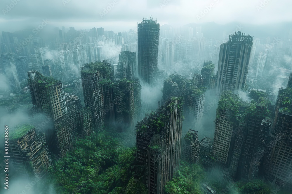 postapocalyptic cityscape with crumbling skyscrapers overgrown with lush vegetation nature ...