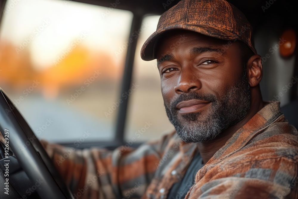 powerful portrait confident black male truck driver behind wheel golden ...