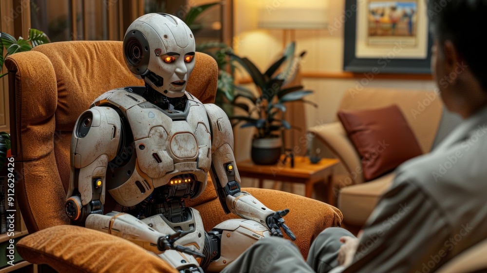 Humanoid robot in a cozy office having a therapy session with a ...