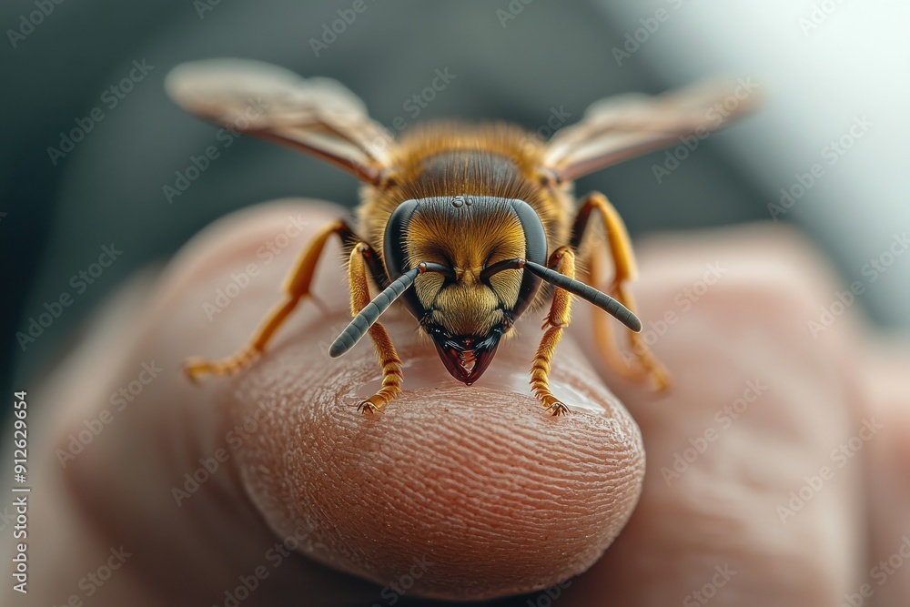 A fascinating macro image of a wasp situated on the tip of a human ...