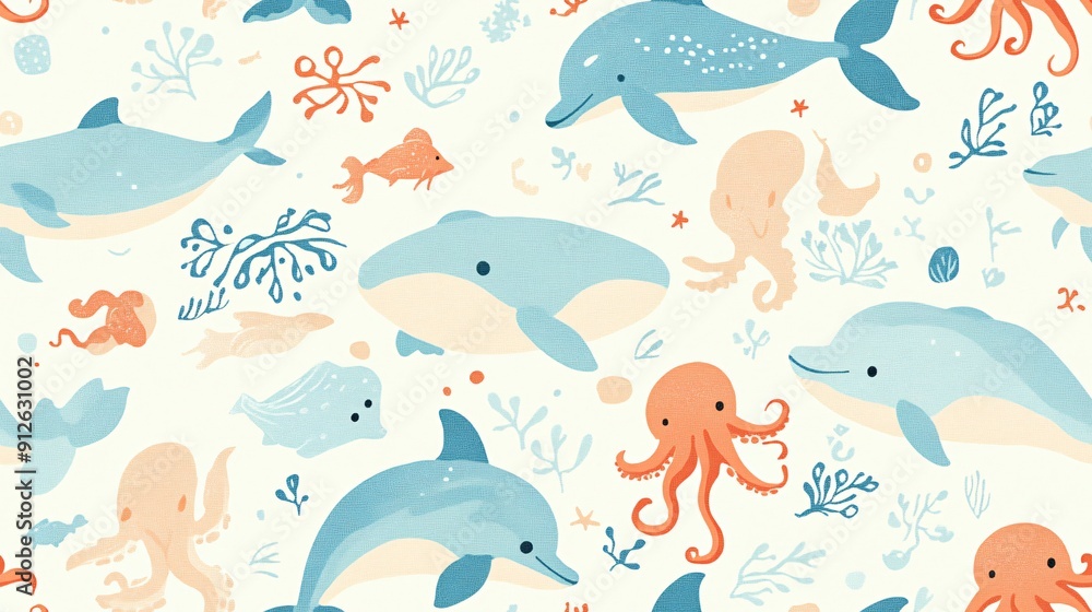 This pattern showcases minimal marine animals, including dolphins, sea ...