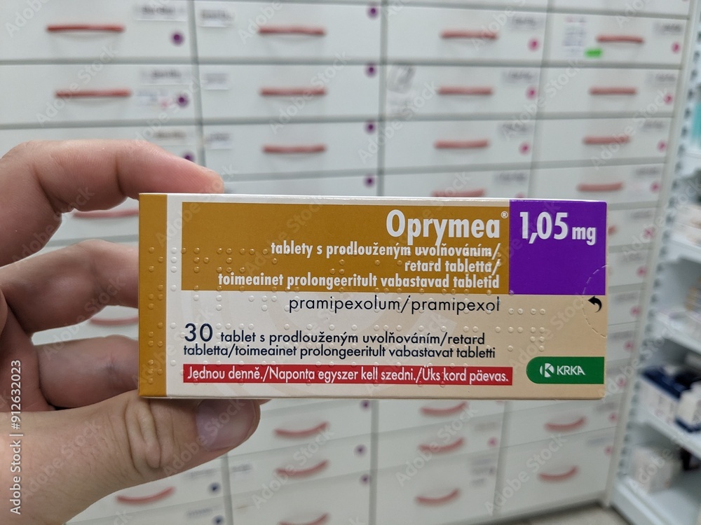 Prague,Czech Republic-August 7 2024: OPRYMEA box of medication with ...