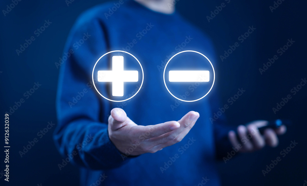 plus and minus, sign opposite negative positive. concept of comparing ...