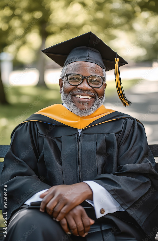 Foto de um feliz graduado afro-americano sênior com boné de formatura e ...