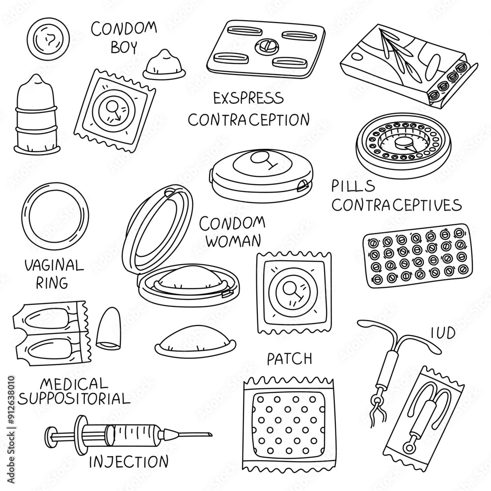 Birth control items. A set of contoured, linear contraception icons in ...