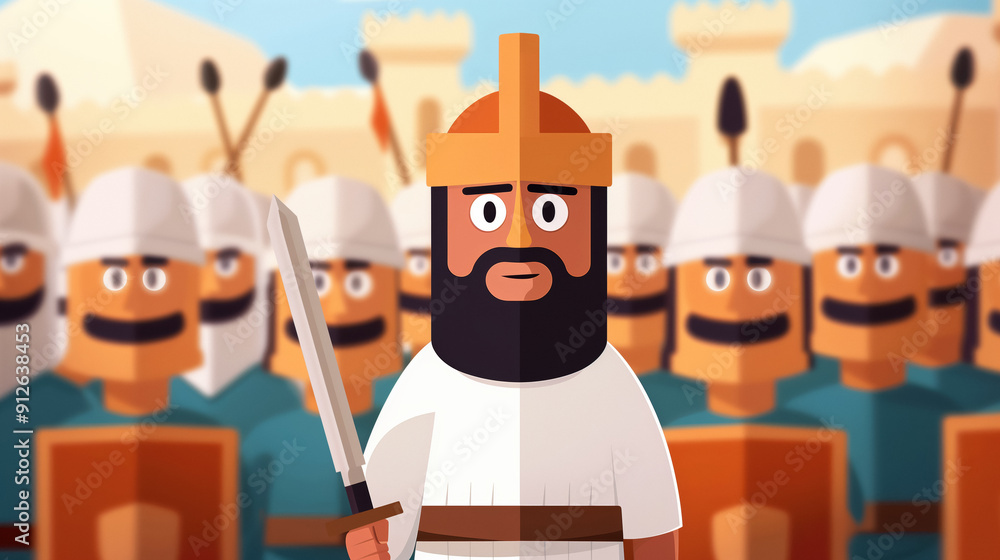 Cartoon illustration of a biblical soldier holding a sword, wearing ...