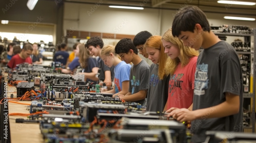 High school robotics club meeting, students from diverse backgrounds ...